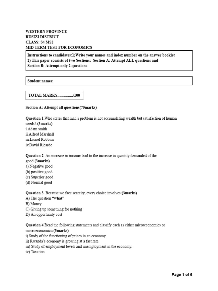 S4 Economics Mid-Term Test Questions | PDF | Economics | Macroeconomics