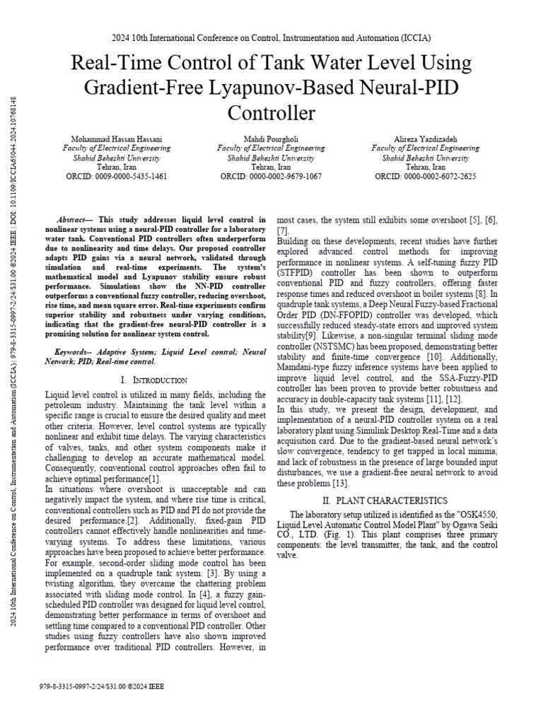 Real-Time Control of Tank Water Level Using Gradient-Free Lyapunov ...
