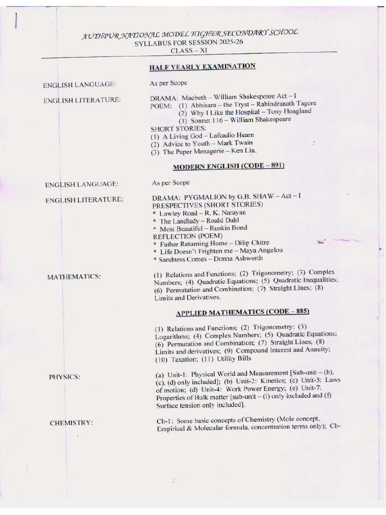 Class XI Syllabus 2025-26 001 | PDF