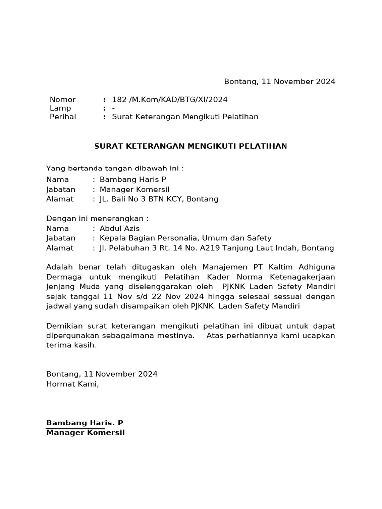 Surat Keterangan Pelatihan Ketenagakerjaan | PDF