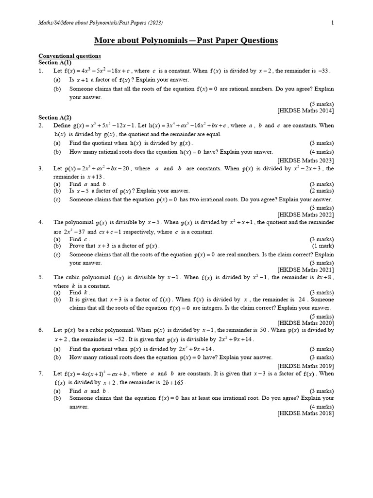 Past Papers - More About Polynomials - Eng | PDF | Factorization | Polynomial