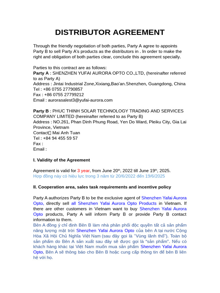 Distributor Agreement Yufai | PDF