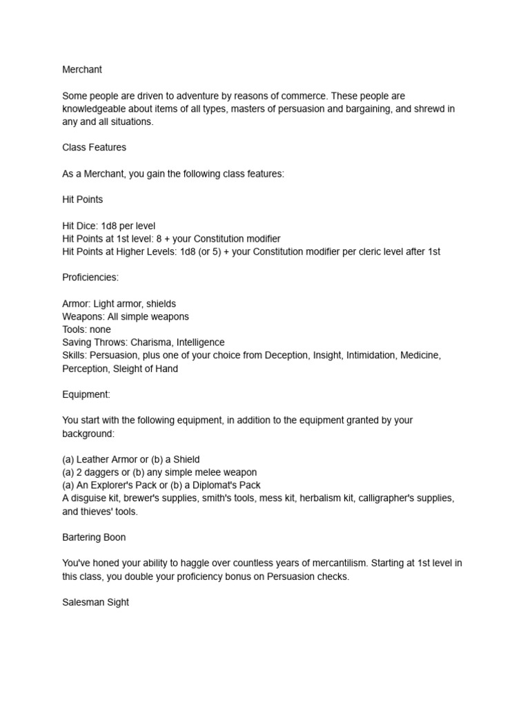 Merchant Class Overview for 5E | PDF | Dungeons & Dragons | Gary Gygax ...