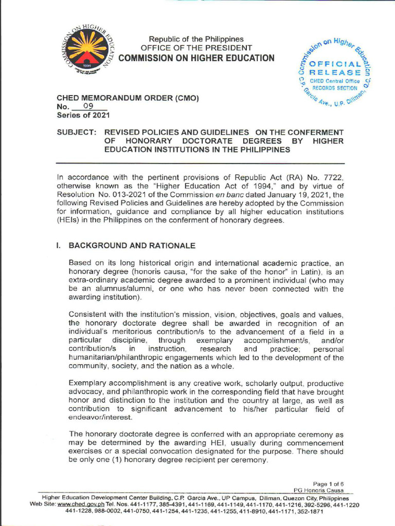 CMO No. 9 S. 2021 Revised Policies and Guidelines On The Conferment of ...