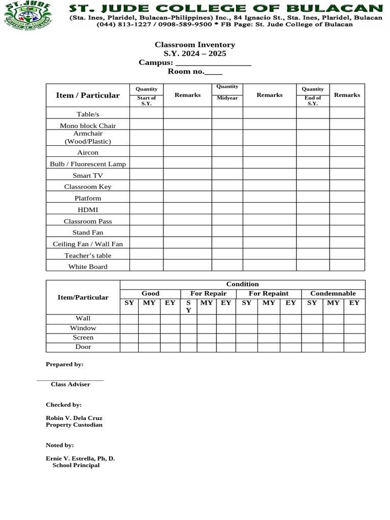 Classroom Inventory With Start and End | PDF