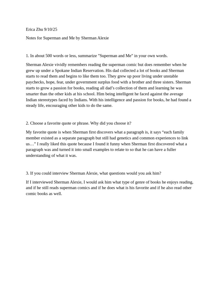 Superman and Me Notes | PDF