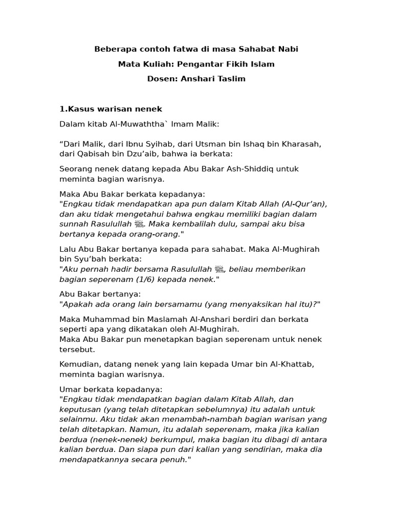 Beberapa Contoh Fatwa Di Masa Sahabat Nabi | PDF