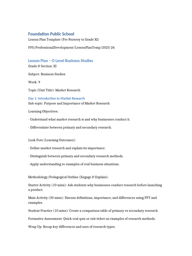 O Level Business Studies Lesson Plan - Market Research (Week 9) | PDF ...