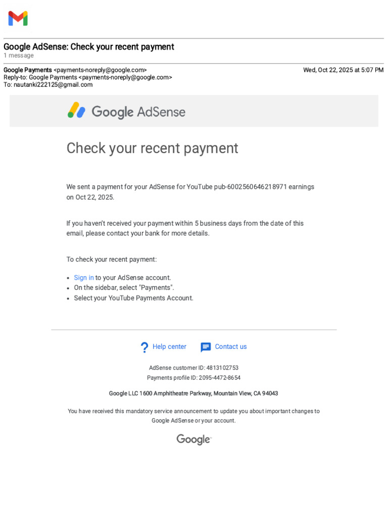 Gmail - Google AdSense - Check Your Recent Payment | PDF