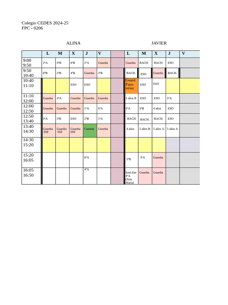 Horario Escolar Colegio CEDES 2024-25 | PDF