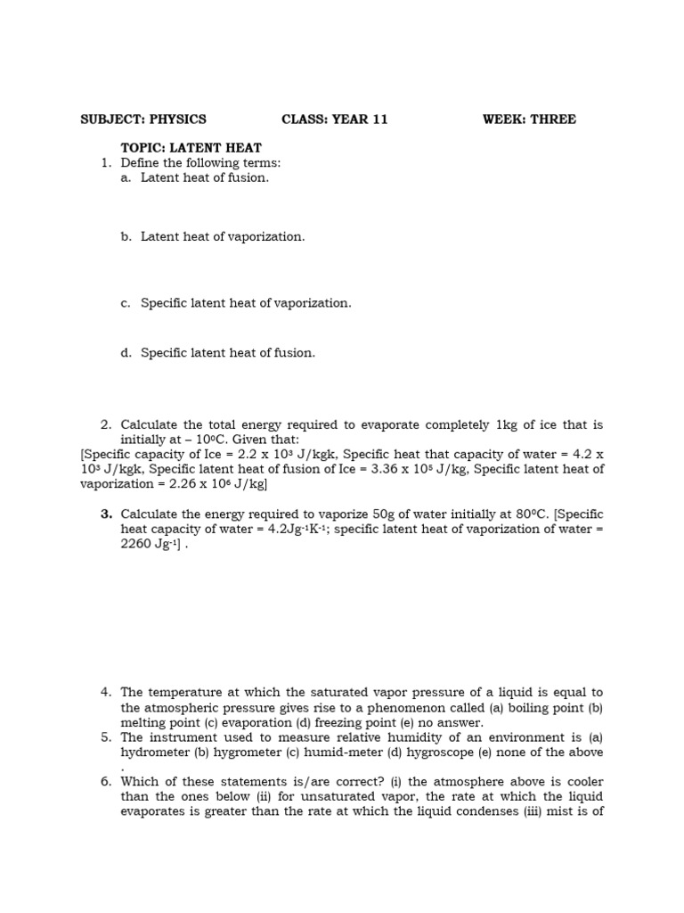 Year 11 Physics: Latent Heat Concepts | PDF | Latent Heat | Heat