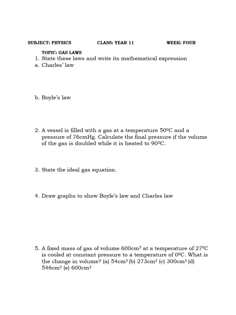 Week 4 Worksheet Gas Laws | PDF
