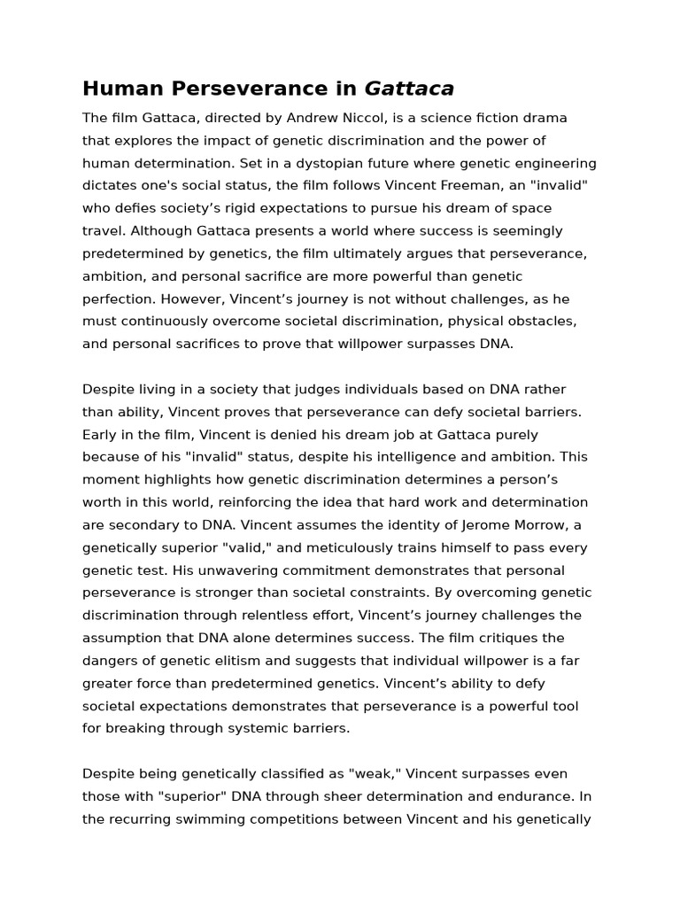 Perseverance Over Genetics in Gattaca | PDF | Psychological Resilience ...