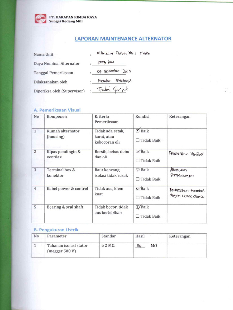 Maintenance Record Alternator Turbin No.1 - 054255 | PDF