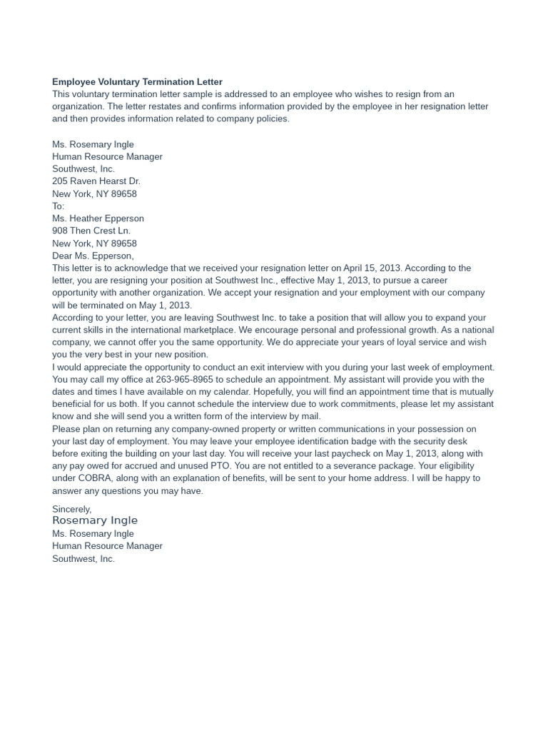 Employee Voluntary Termination Notice | PDF