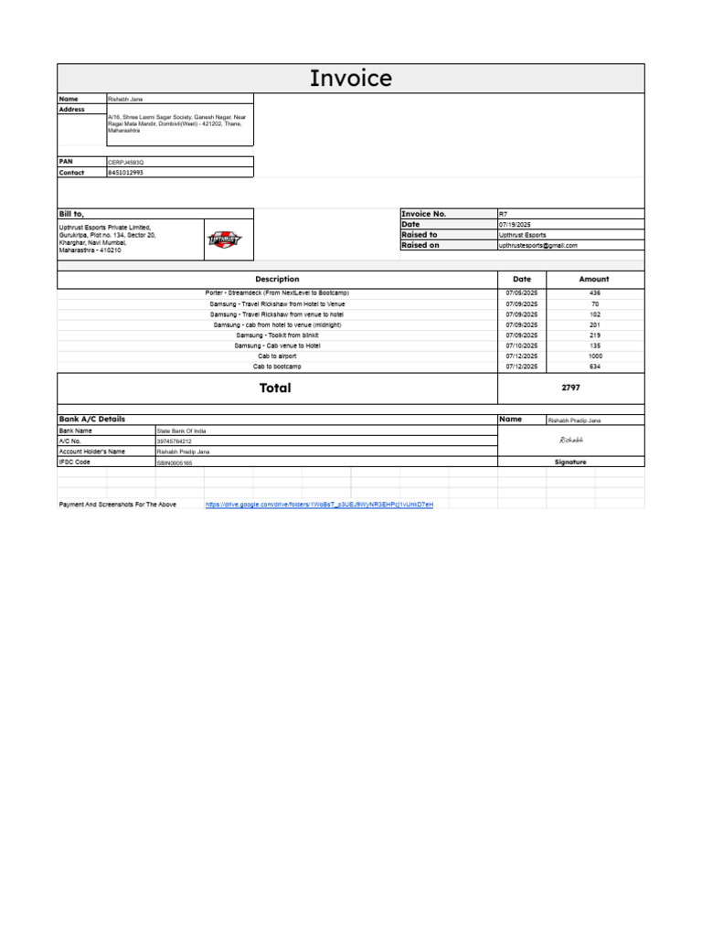 July Reimbursement Invoice - Rishabh Jana | PDF