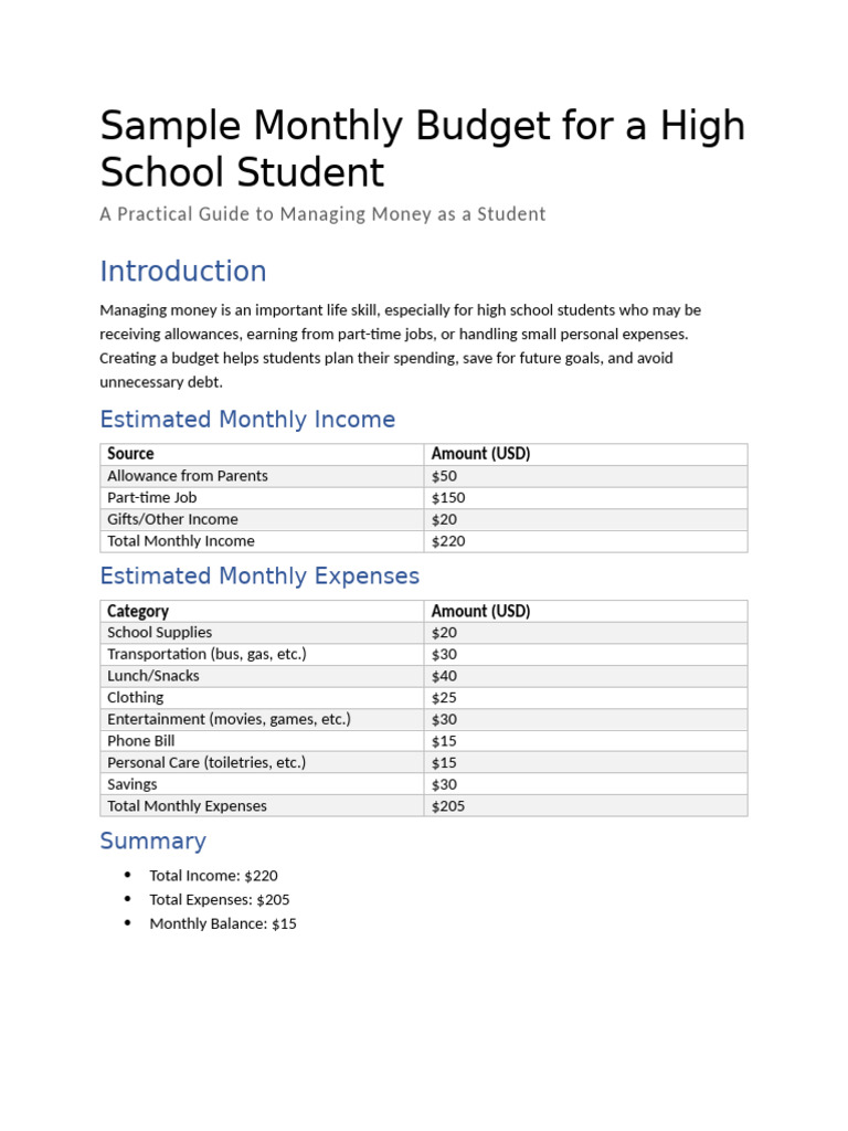 High School Student Monthly Budget Guide | PDF