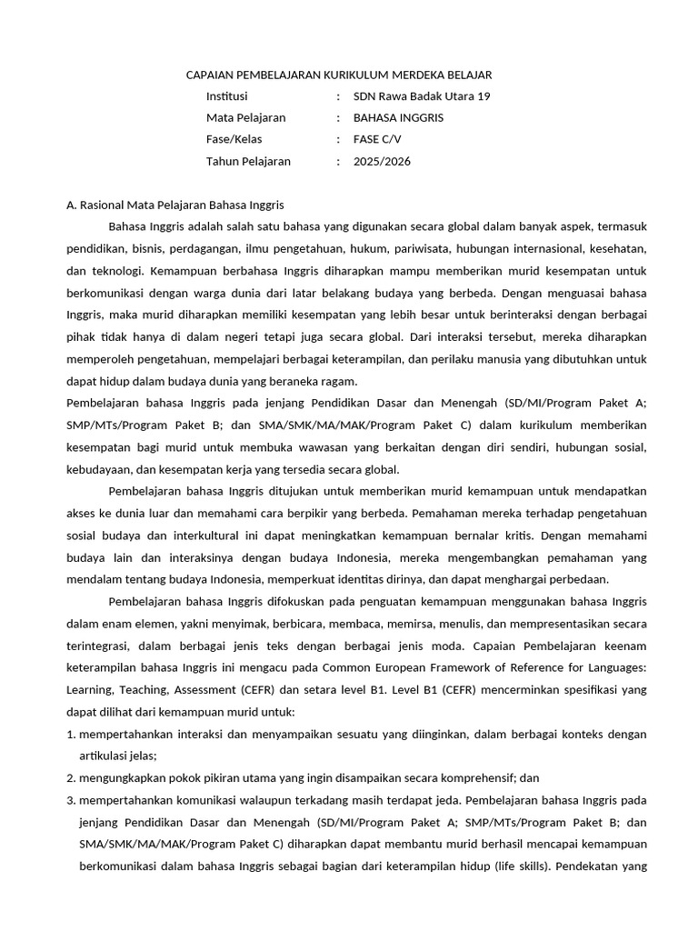 Cp Bahasa Inggris Fase c 2025 | PDF