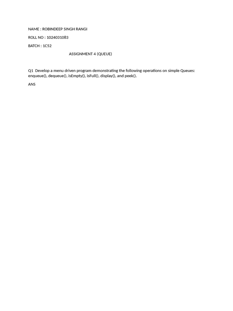 Assignment 4 (Queue) | PDF
