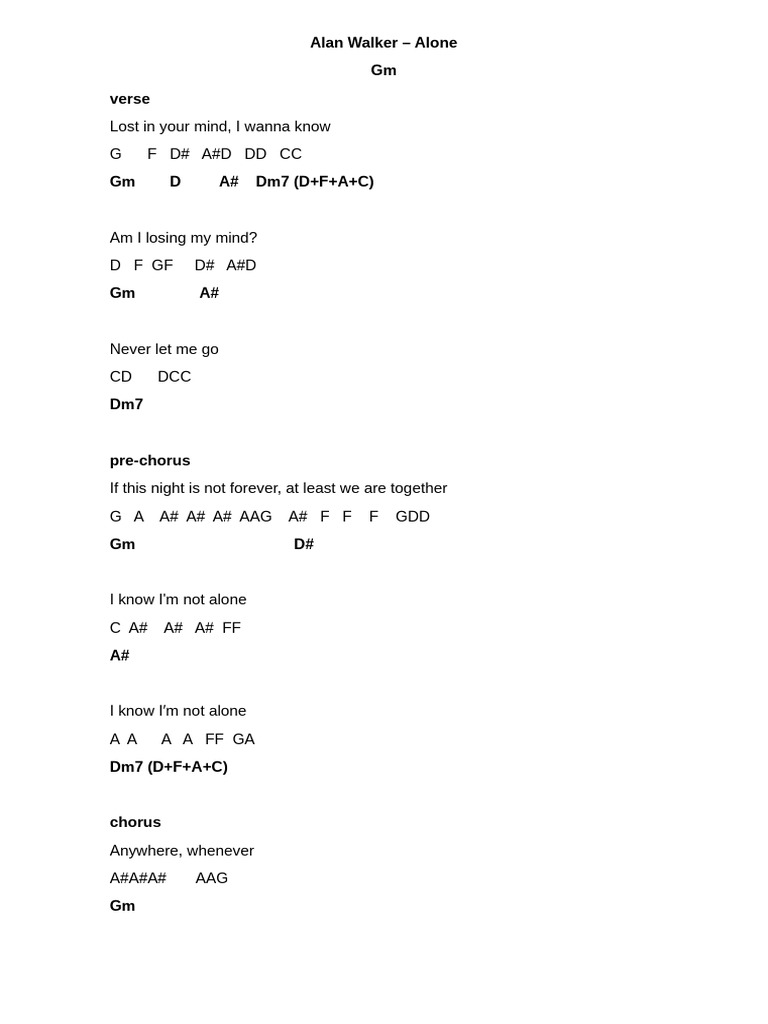 Alan Walker's "Alone" Chords and Lyrics | PDF