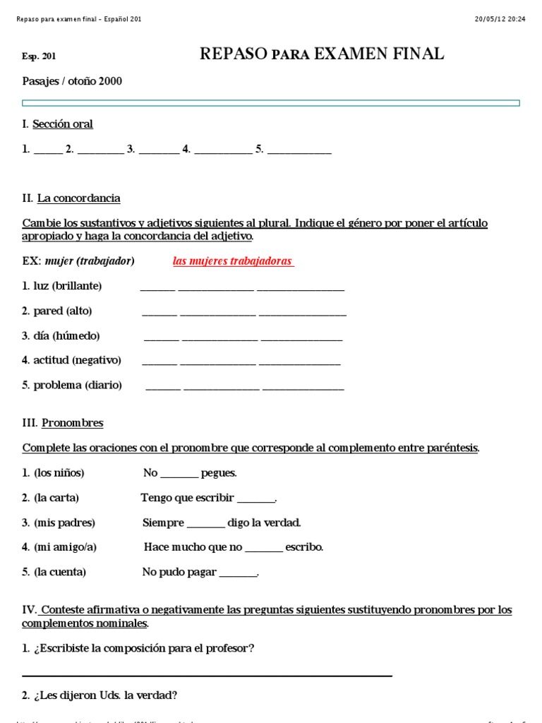 Repaso para Examen Final - Español 201 | PDF | Ricitos de oro y los ...