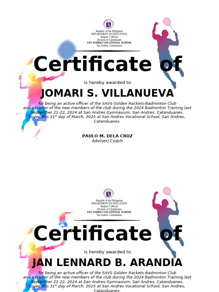 Badminton Club Officers Certi | PDF