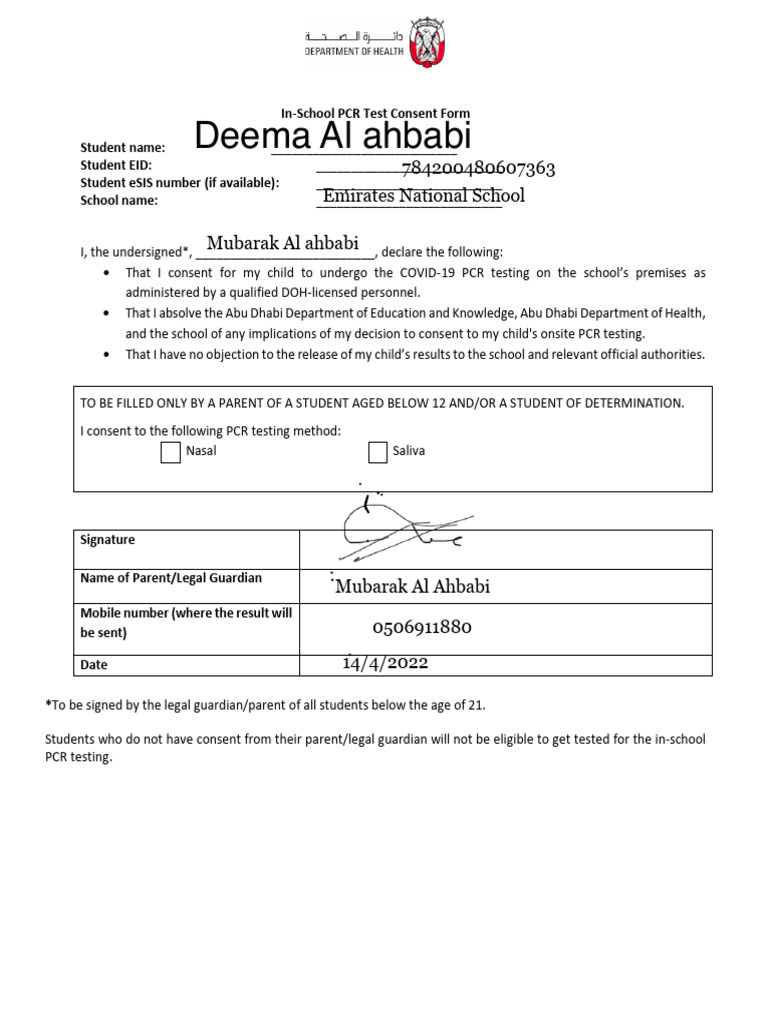 PCR Testing Consent Form English | PDF