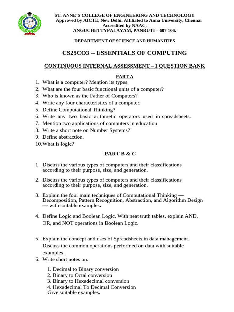CS25CO3 Essentials of Computing Q&A | PDF