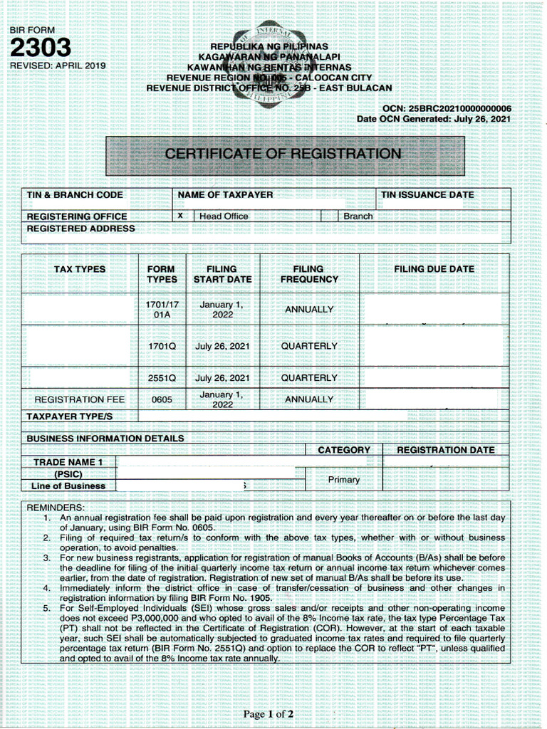 Sample Bir Form 2303 | PDF