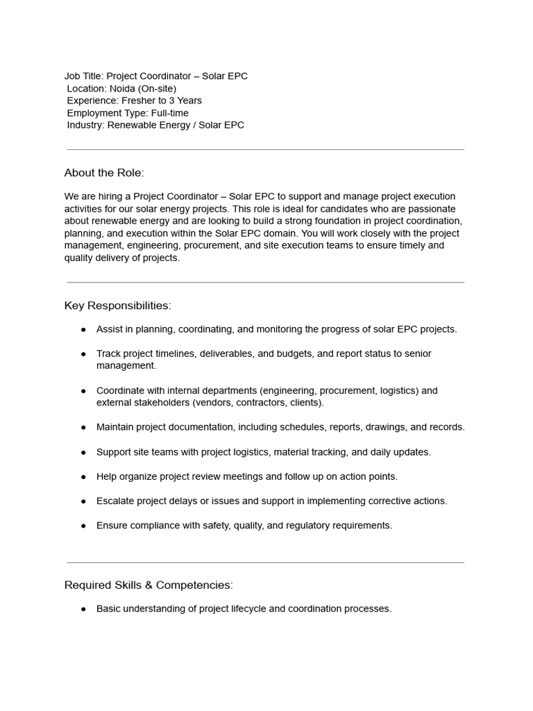 Project Coordinator Job in Solar EPC | PDF | Project Management | Business