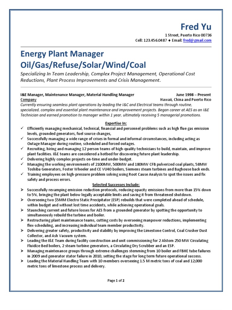 Plant Manager Sample Resume from Freedom Resumes | Coal | Fossil Fuel ...