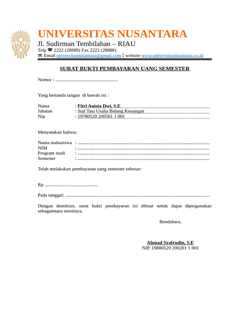 Surat Pembayaran Uang Semester UNU | PDF