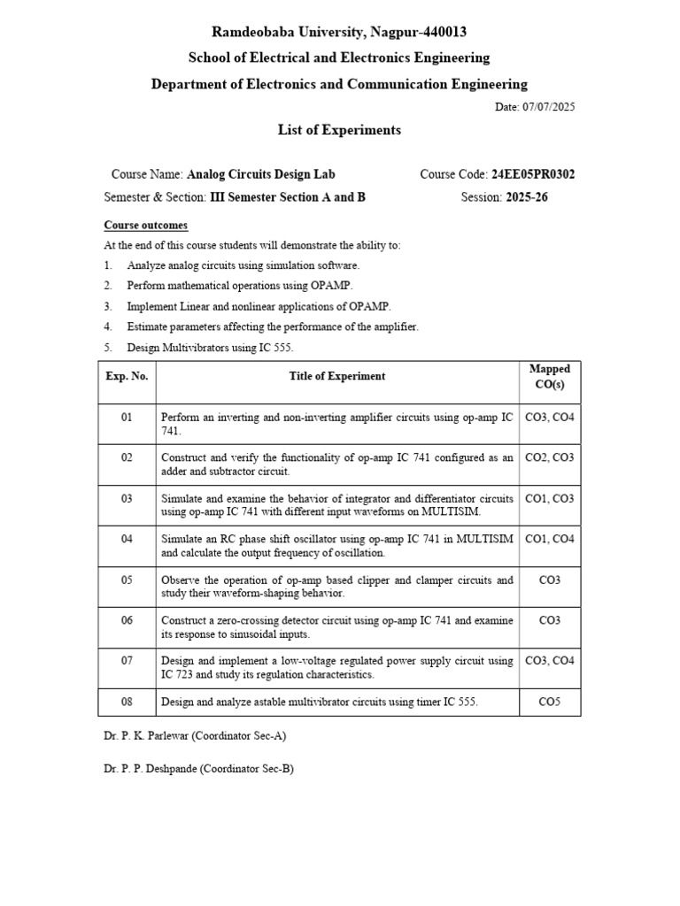 ACD Lab Expt List and Evaluation Criteria | PDF | Operational Amplifier ...