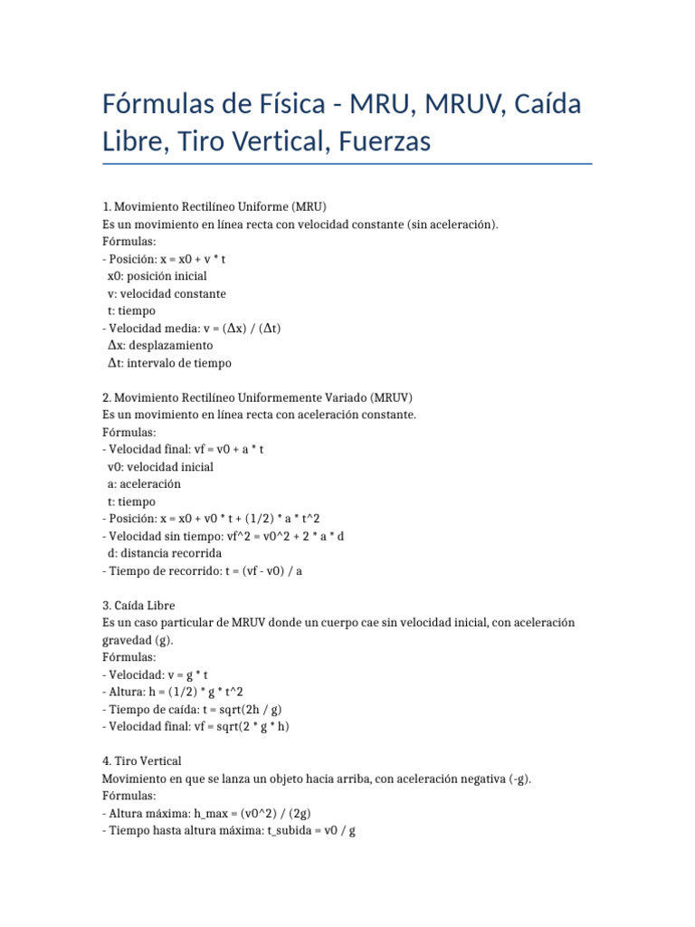 Fórmulas de Física: MRU, MRUV y Fuerzas | PDF