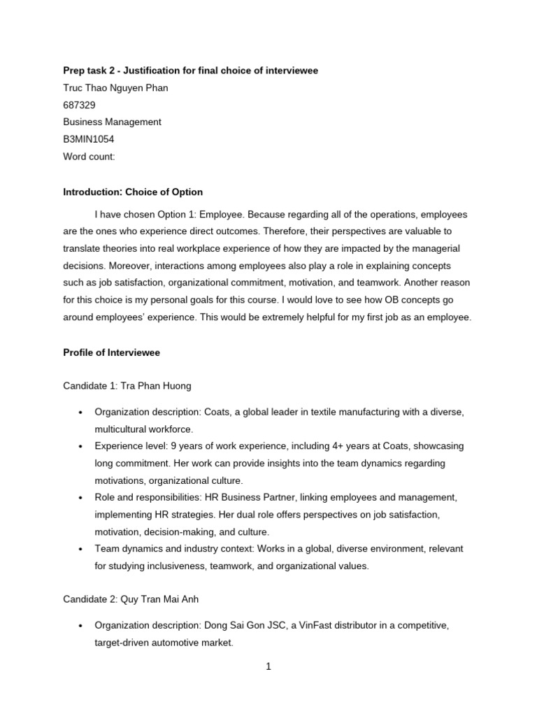 Prep Task 2 - Justification for Final Choice of Interviewee | PDF | Job ...