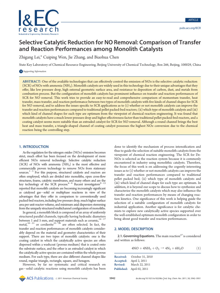 Wen Et Al 2011 Selective Catalytic Reduction For No Removal Comparison ...