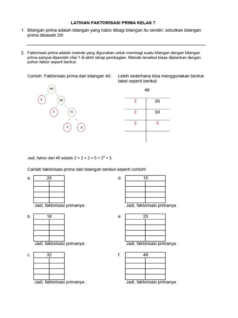 Latihan Faktorisasi Prima Kelas 7 | PDF