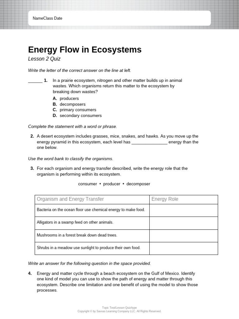Topic 4 Lesson 2 Quiz | PDF | Ecosystem | Foods