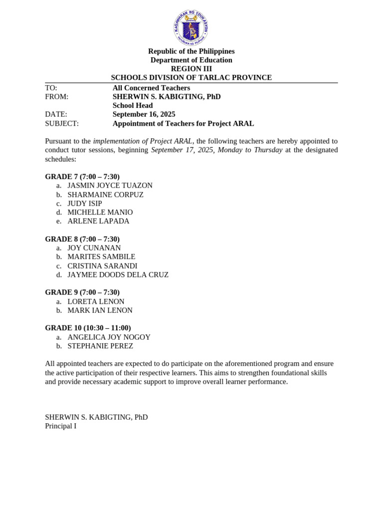 Memo On Project Aral | PDF