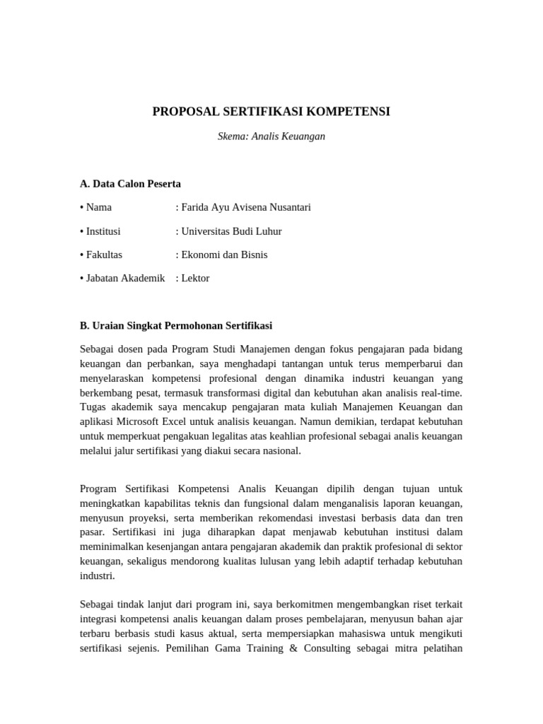 Proposal Sertifikasi Analis Keuangan Farida Ayu | PDF