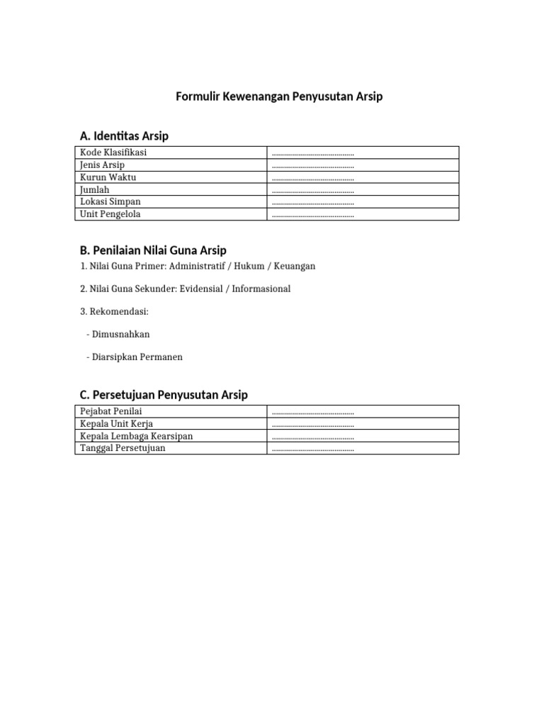 Formulir Penyusutan Arsip Resmi | PDF