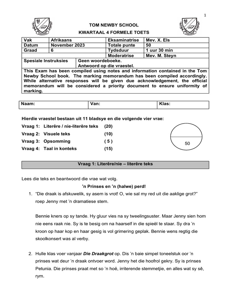 Grade 6 Afrikaans Script November 2023 Tom Newby School | PDF