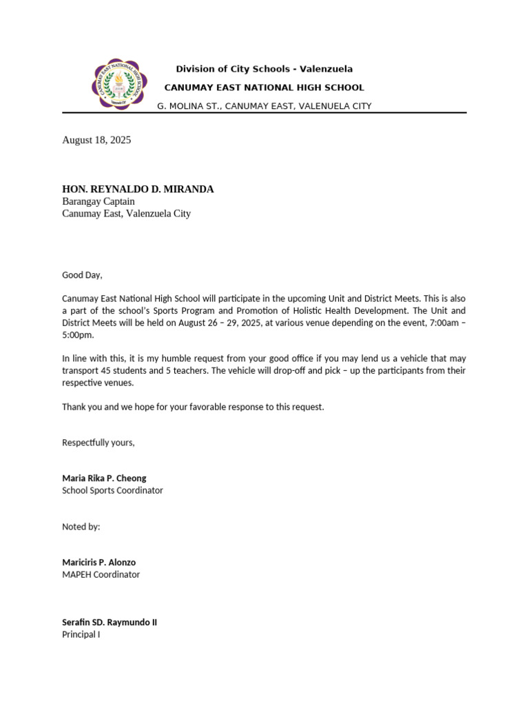Canumay East HS Sports Event Request | PDF