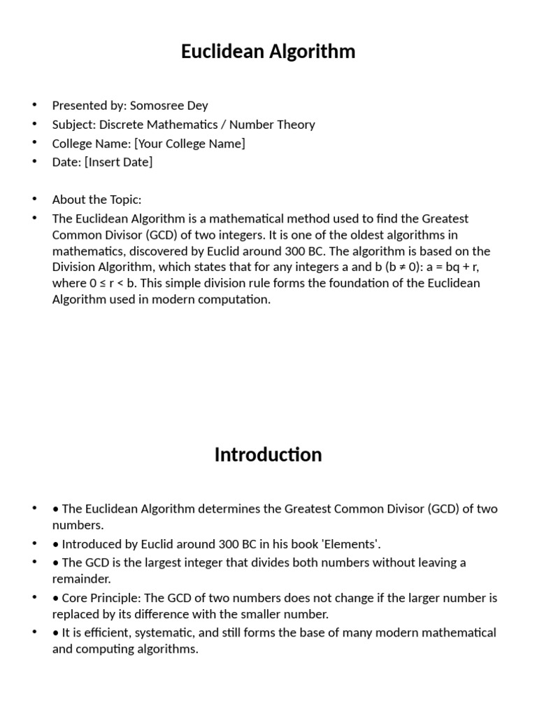 Euclidean Algorithm Presentation Somosree | PDF | Algorithms And Data Structures | Algorithms
