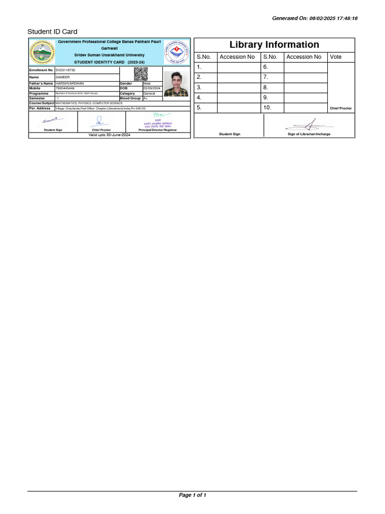 Student ID Card for B.Sc. Program 2023-24 | PDF