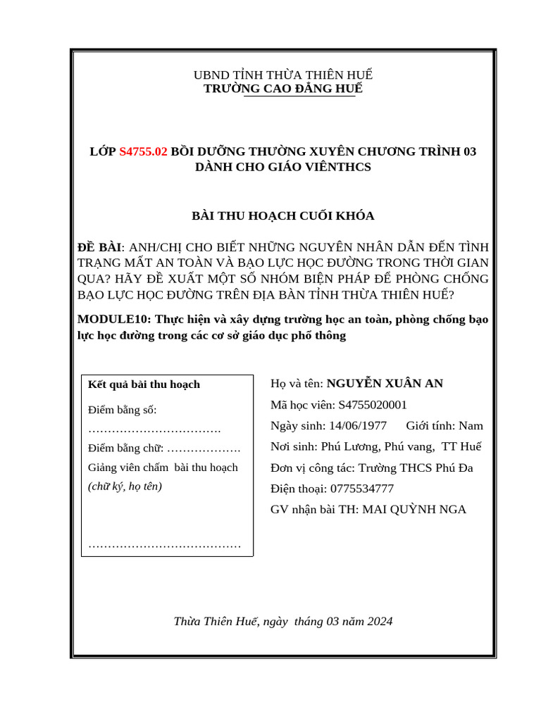 Bài Thu Ho CH BDTX Module 10 Nxan | PDF