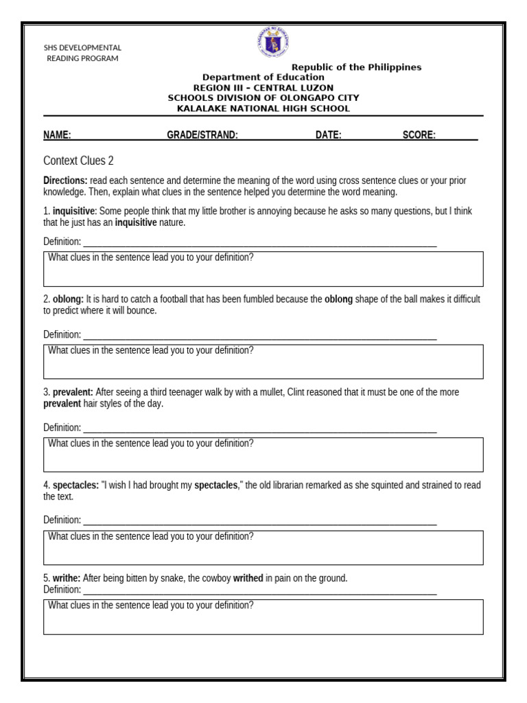 5 Reading Comprehension Context Clues | PDF