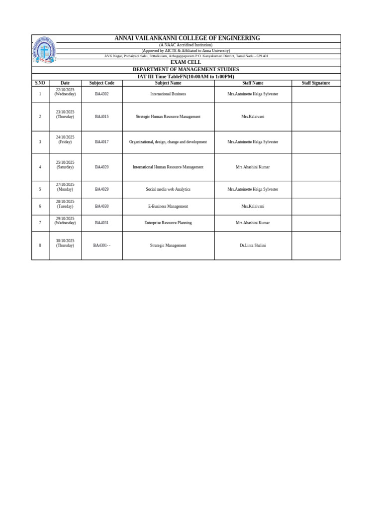 IAT Time Table Format | PDF