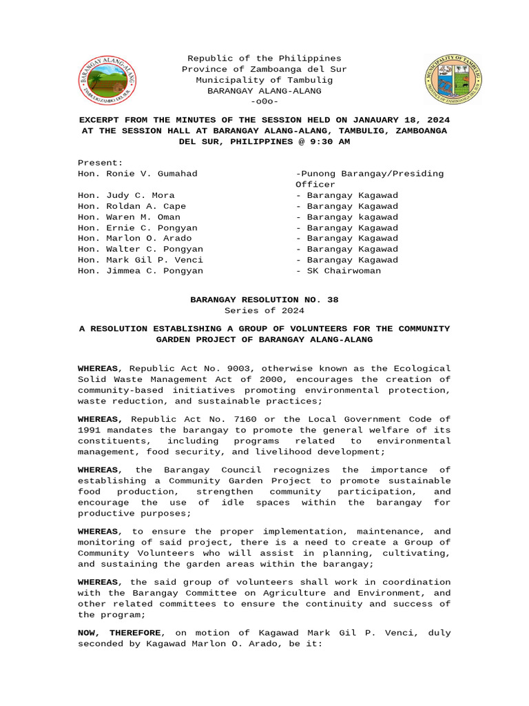 Barangay Resolution Community Garden Volunteers | PDF | Natural Environment