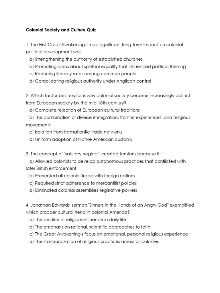 Colonial Society and Culture Quiz | PDF | British Empire | Thirteen ...